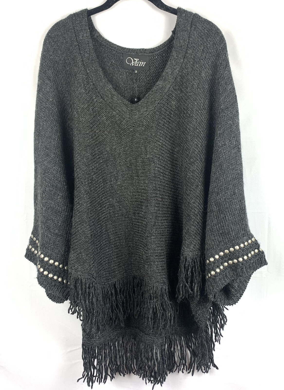 Vain V-neck Studded Fringe Boho Poncho Sweater Gray Charcoal Size S ...