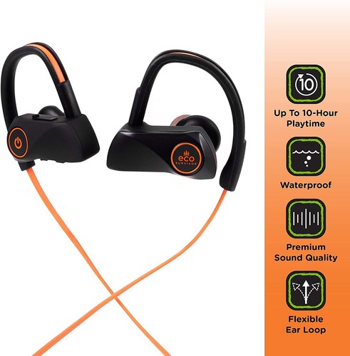 EcoSurvivor IPX7 Bluetooth Waterproof Earbuds, Flexible Ear Loops, Up ...