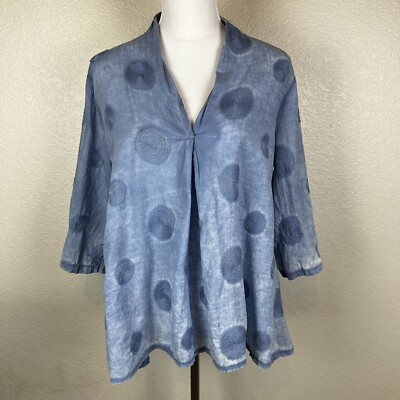 Kaktus Top Blouse Blue Dots Linen Light Weight 3/4 Sleeve V Neck Size ...
