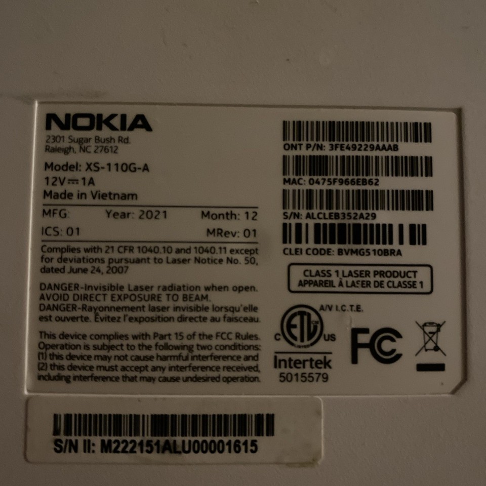 Nokia XS-110G-A Optical Network Terminal ONT comes with power cord ...