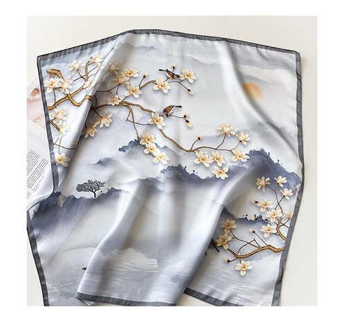 100% Silk 27" Square Scarf Women Neckerchief Wrap Bandana Gray Chinese ...