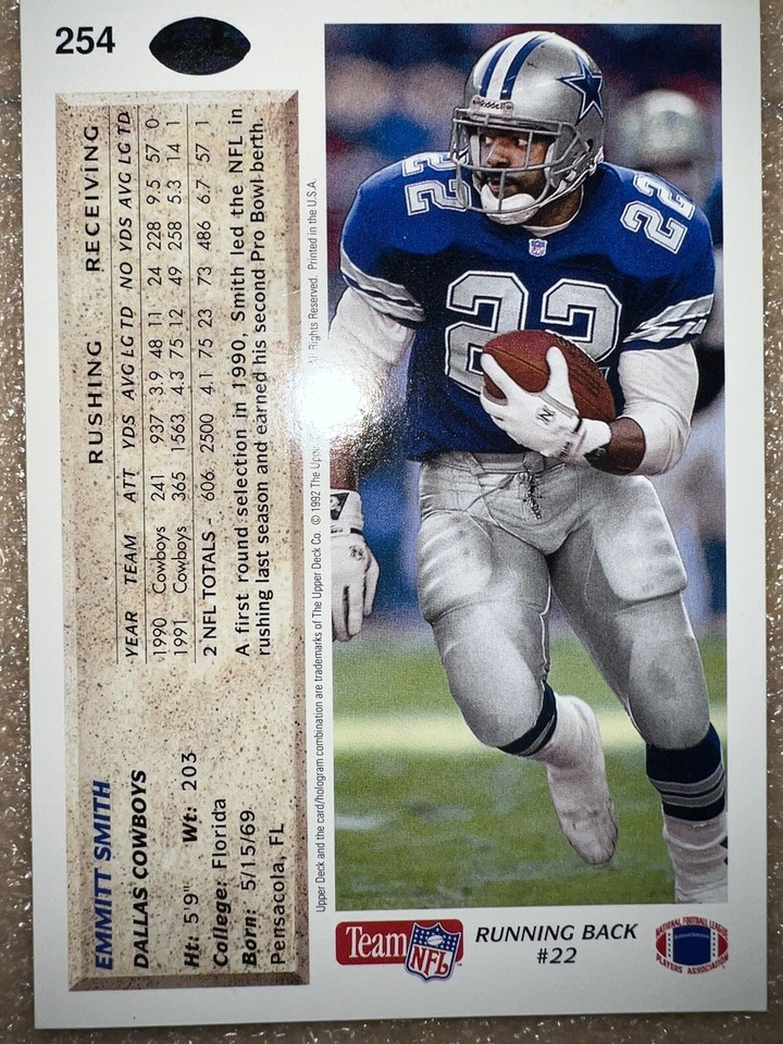 1992 Upper Deck 254 Emmitt Smith Dallas Cowboys football card . Vintage ...