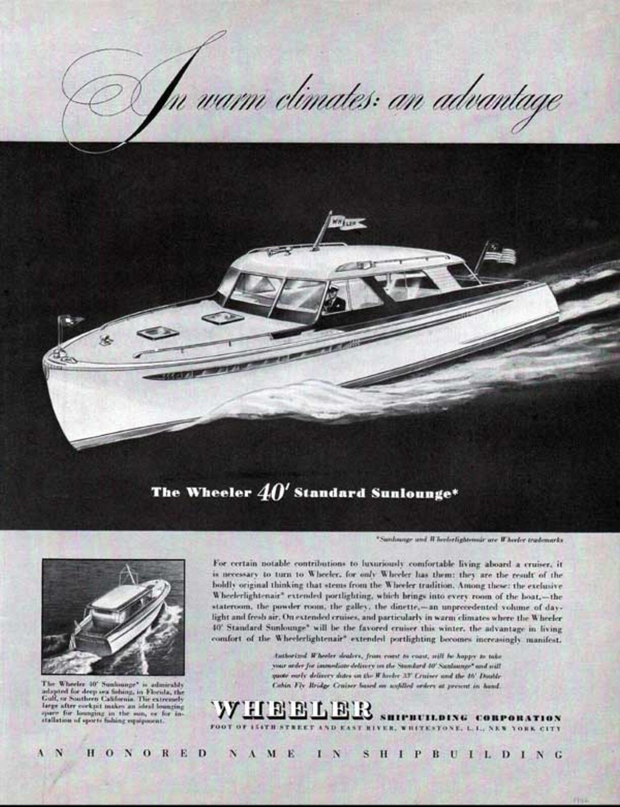 1946 WHEELER SHIPBUILD MOTORBOAT SUNLOUNGE CRUISER MARINE WHITESTONE AD ...