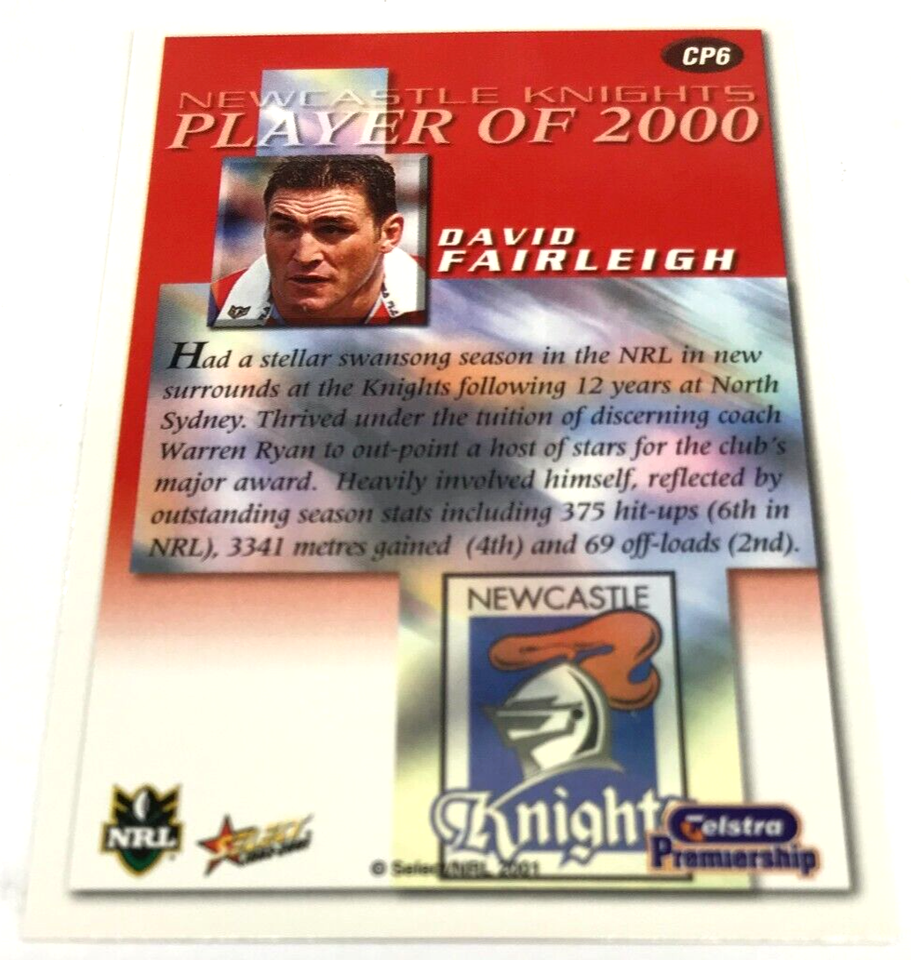 2001 SELECT NRL IMPACT CARD CLUB PLAYER OF THE YEAR CP6-DAVID FAIRLEIGH ...