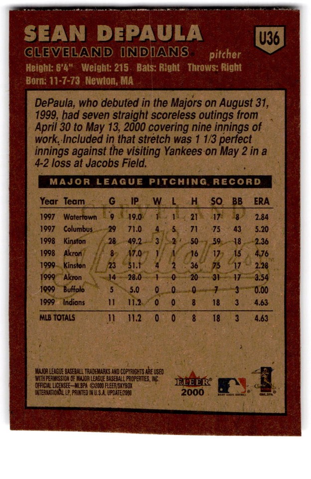 Sean DePaula 2000 Fleer Tradition Update #U36 RC Cleveland Indians ...