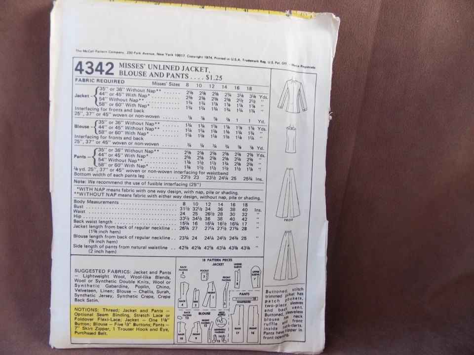 McCalls Misses Jacket, Blouse, Pants & Scarf Size 18 Uncut Pattern 4342 ...