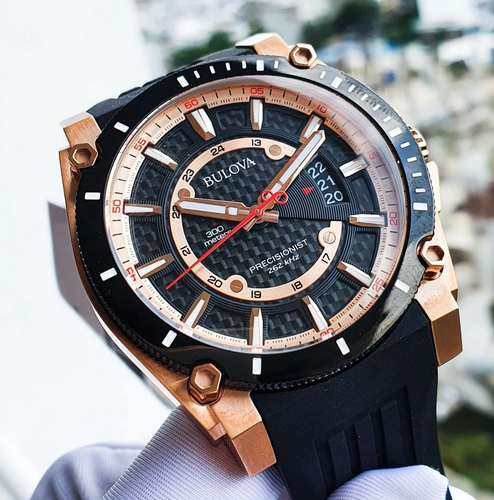 Bulova Precisionist 98B152 Icon Rose Gold Black Dial Polyurethane Men's ...