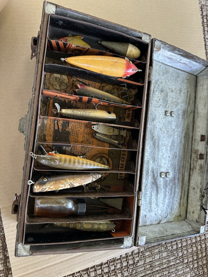 Antique Wood Fishing Tackle Box With Lure Lot | eBay