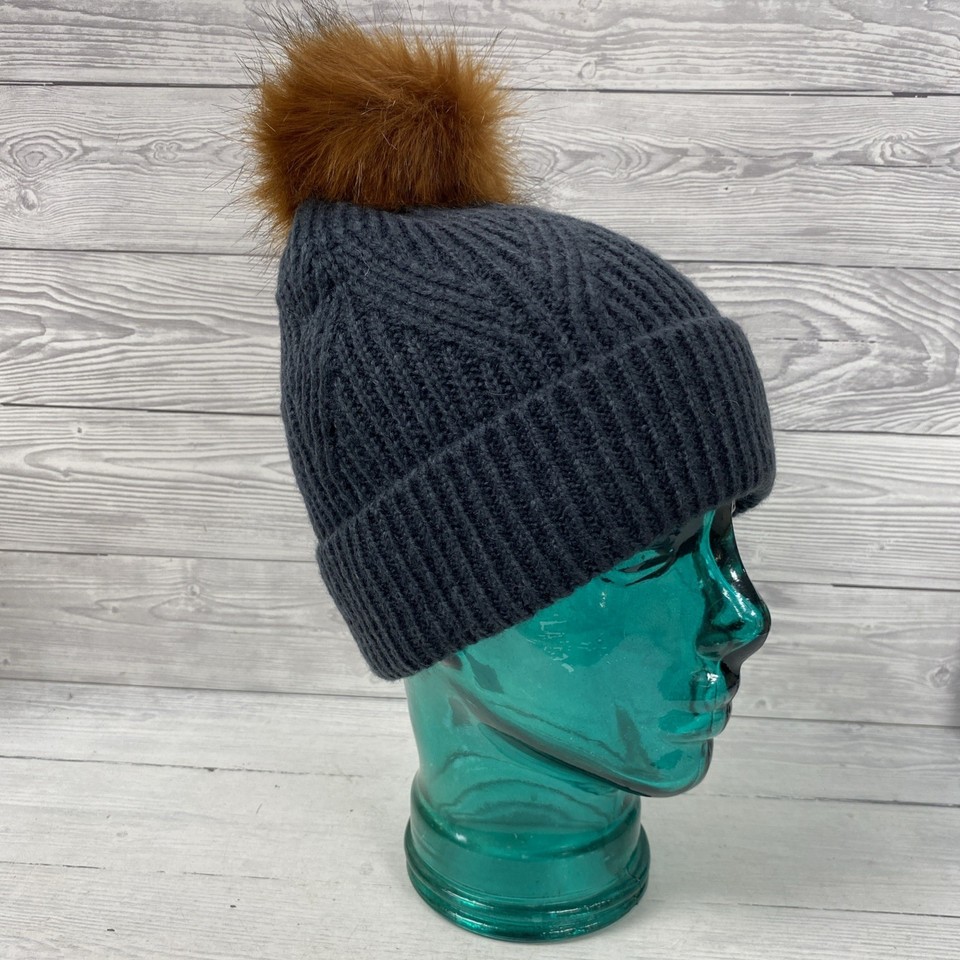 Weird Fish Allium Blue Knitted Bobble Hat With Auburn Fur Bobble PT ...
