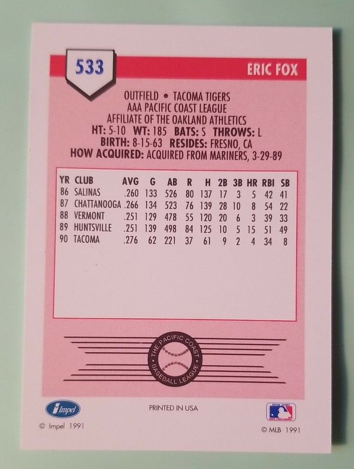 1991 Line Drive AAA #533 Eric Fox - Tacoma Tigers | eBay