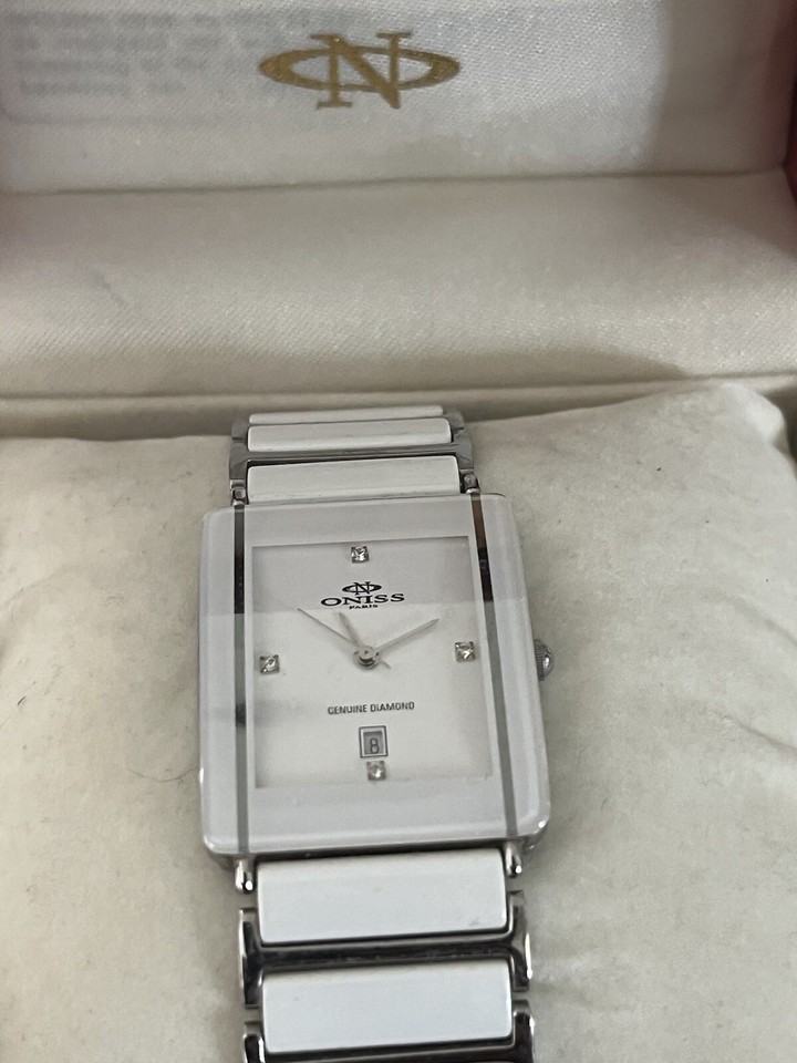 Womens ONISS Paris White Ceramic Watch ON608-L Sapphire Crystal Diamond ...
