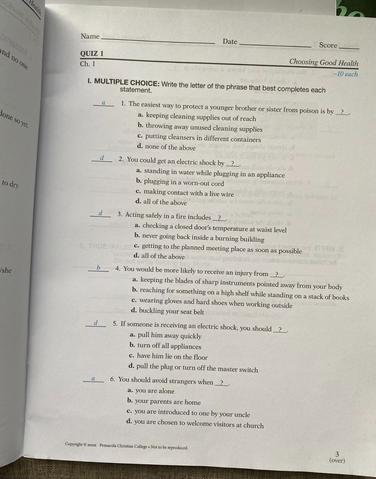 Homeschool A Beka Book Choosing Good Health Quiz test worksheets ...
