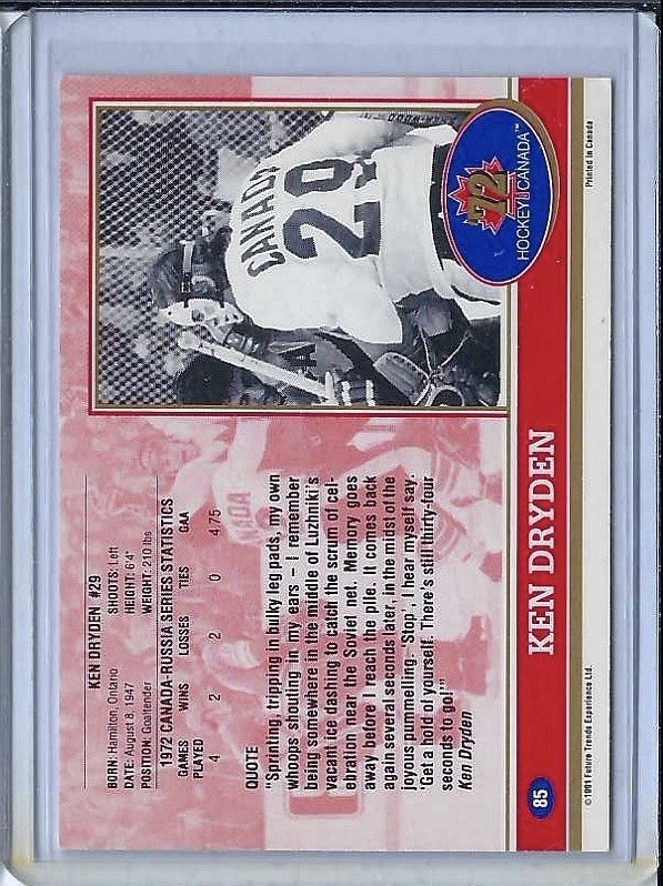 1991 Hockey ‘72 Hockey Team Canada #85 Ken Dryden Card | eBay
