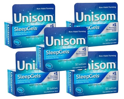 5 pack Unisom SleepGels Nighttime Sleep Aid 32 Softgels 50 Mg HCI Exp ...