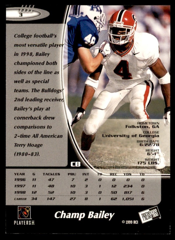 1999 Press Pass Champ Bailey Rookie Georgia Bulldogs #3 | eBay