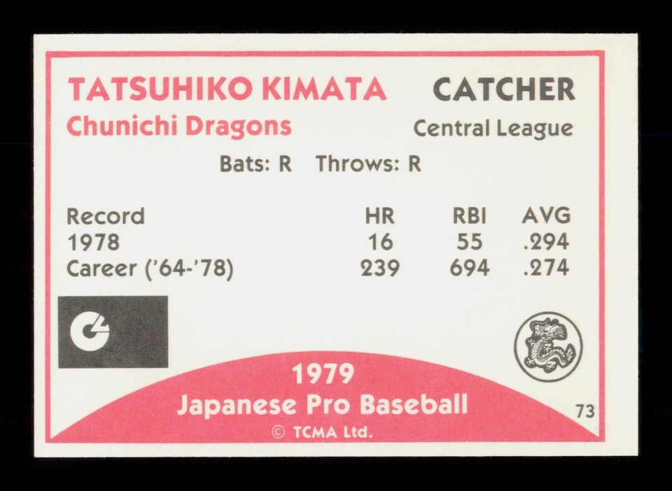 1979 TCMA Japanese Pro Baseball #73 Tatsuhiko Kimata Chunichi Dragons ...