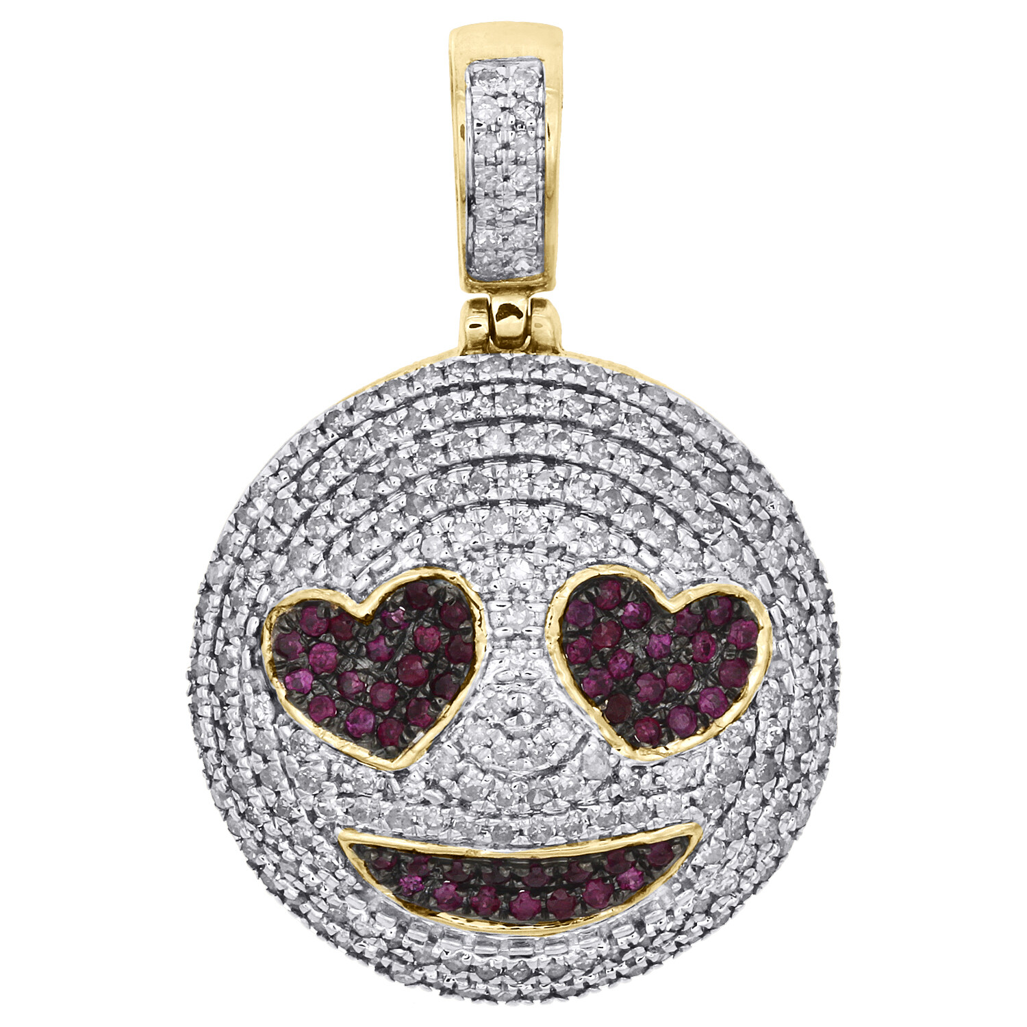 10K Yellow Gold Diamond Smiling Face Heart Eyes Emoji Pendant Pave ...