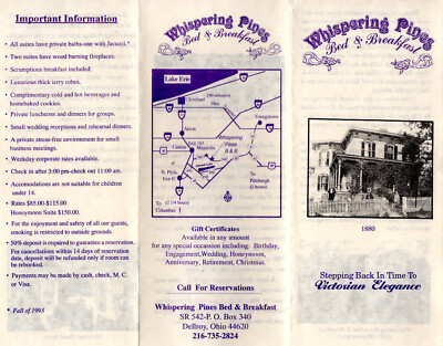 Whispering Pines Bed & Breakfast Dellroy OH Vtg 1993 Travel Brochure ...
