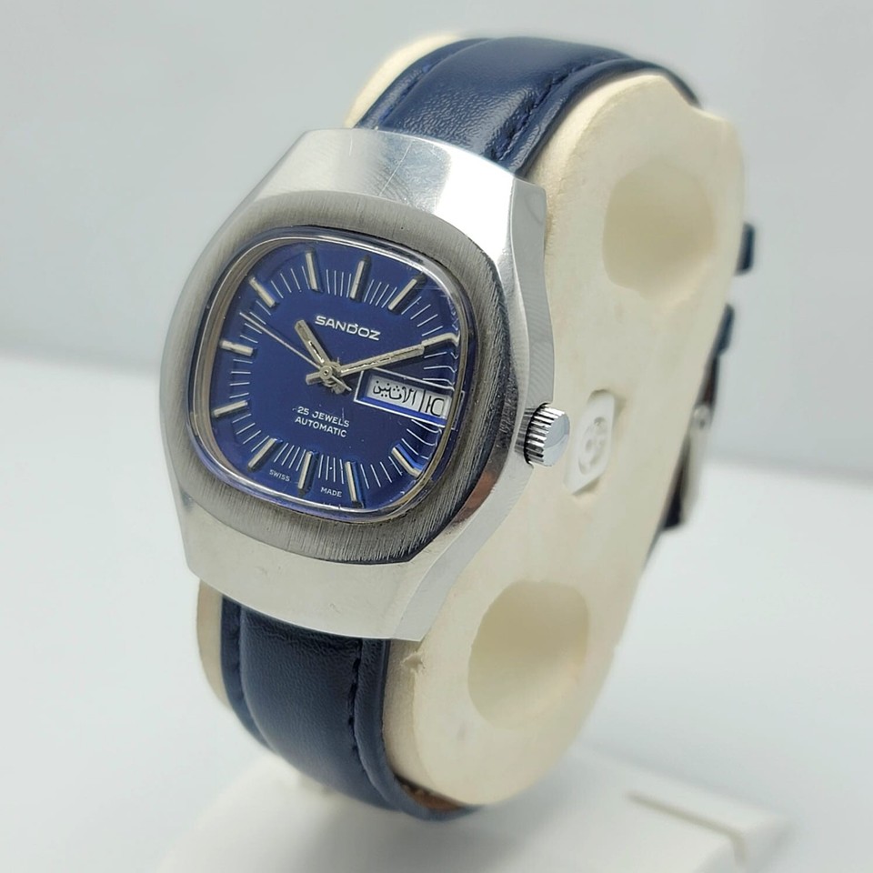 Sandoz FHF 909 Blue Dial Day/Date Automatic Swiss Vintage Men’s Watch ...