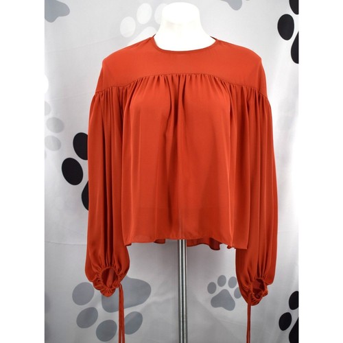 Line and Dot Long Sleeve Flowy Oversized Round Neck Blouse Rust Size ...