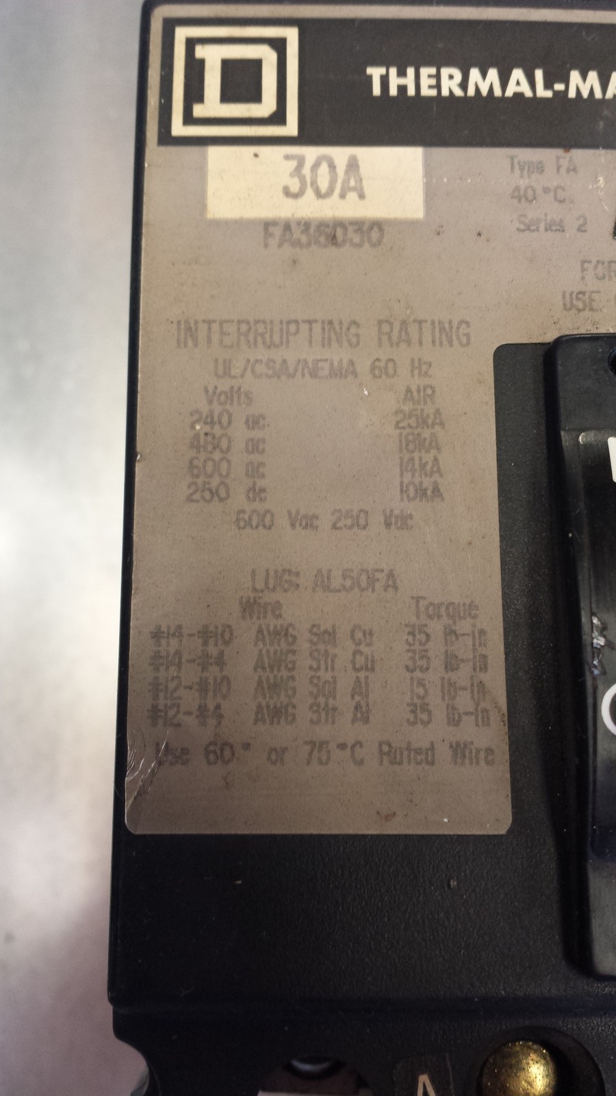SQUARE D THERMAL MAGNETIC CIRCUIT BREAKER 30 amps FA36030 3 pole 500 ...