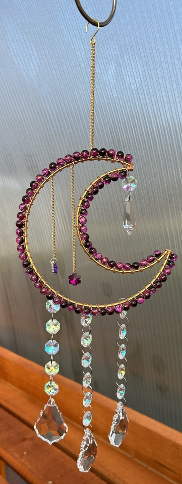 New Handmade Rich PURPLE Pink Glass Beads Crystal MOON Suncatcher ...