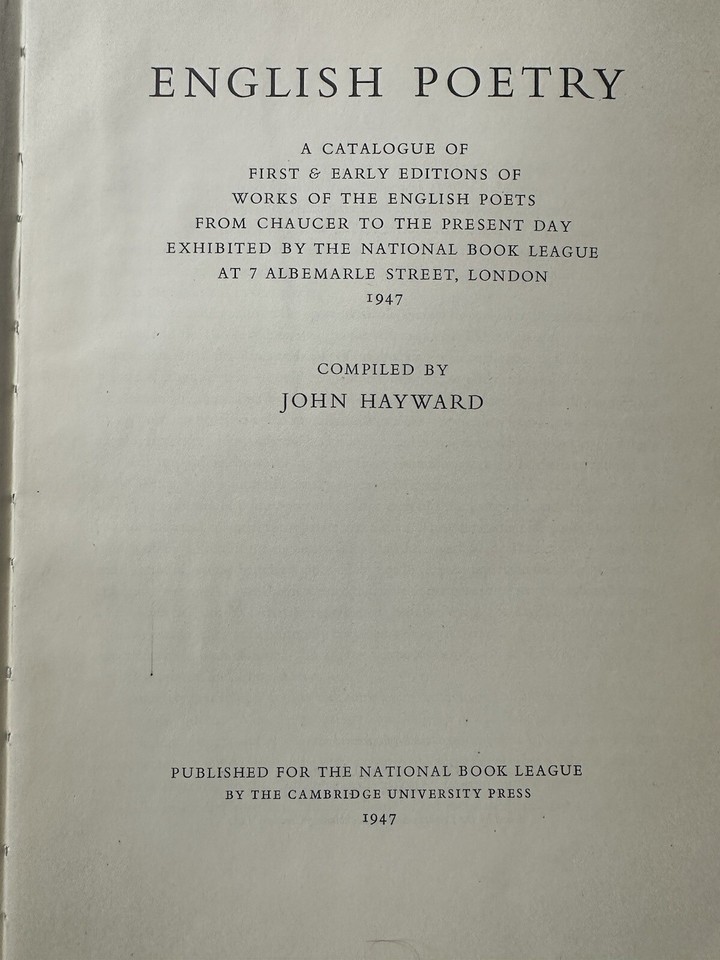 English Poetry: A Descriptive Catalogue. Hayward. Chaucer, Scott ...