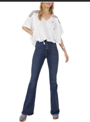 $108 Free People Women's Market Embroidered White V-Neck Tee Top Medium ...