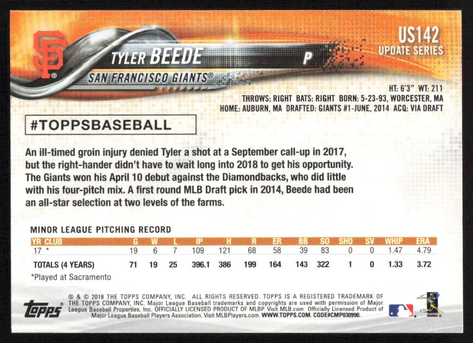 2018 Topps Update Baseball Tyler Beede RC #US142 San Francisco Giants ...