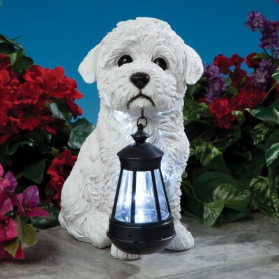 Realistic Bichon Dog Puppy Garden Sculpture Holding Solar LED Lighted ...