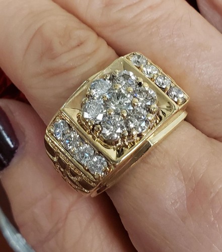 Mens 2.00ct Natural Diamond Kentucky Cluster Wide Nugget Ring in 14k ...