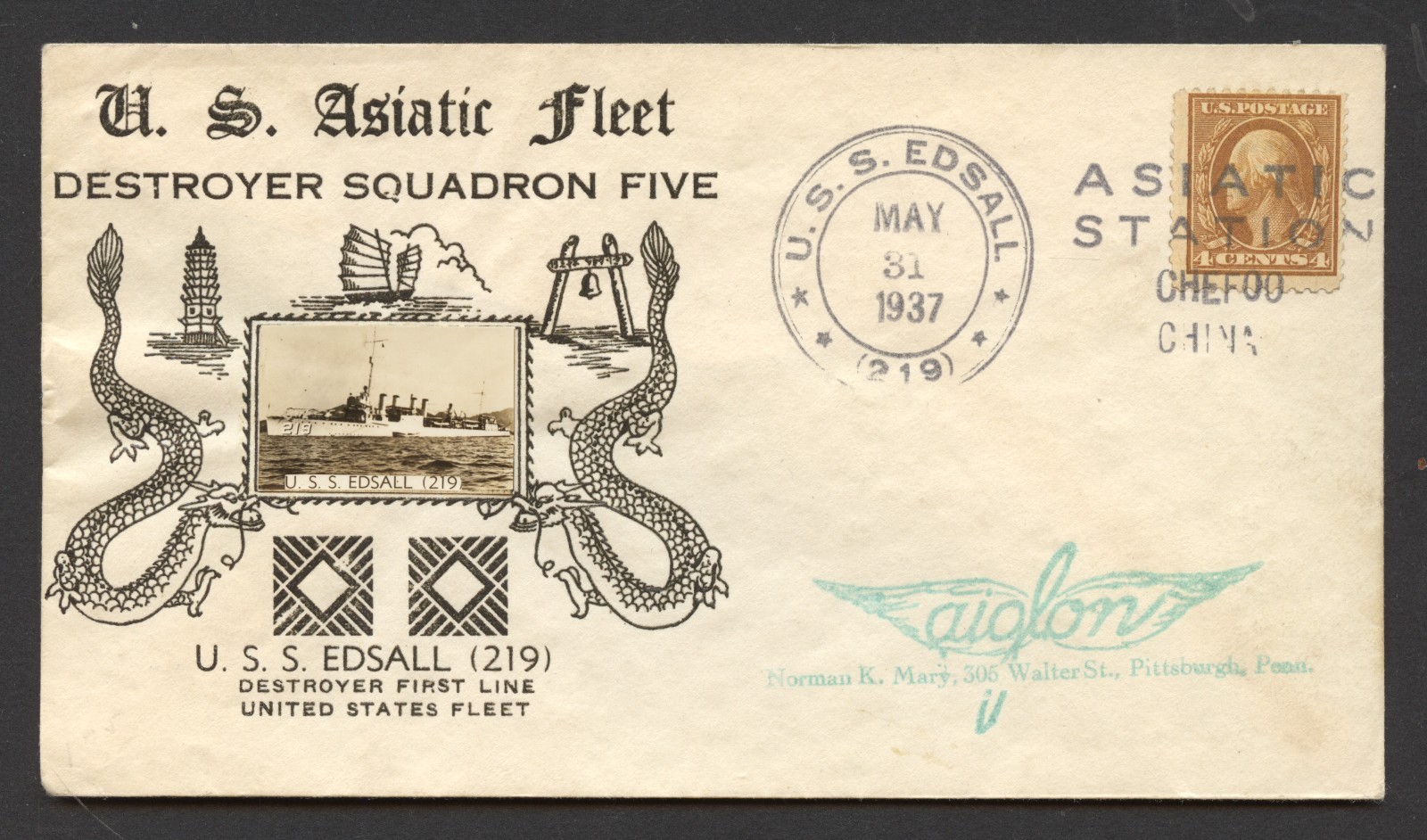 USS EDSALL DD 219 - ASIATIC FLEET - CROSBY CACHET 1937 - SUNK 1942 | eBay