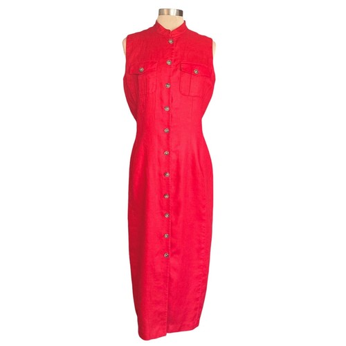 Embassy Row Pure Linen Red Sleeveless Maxi Shirt Dress Sz 10 Mandarin ...