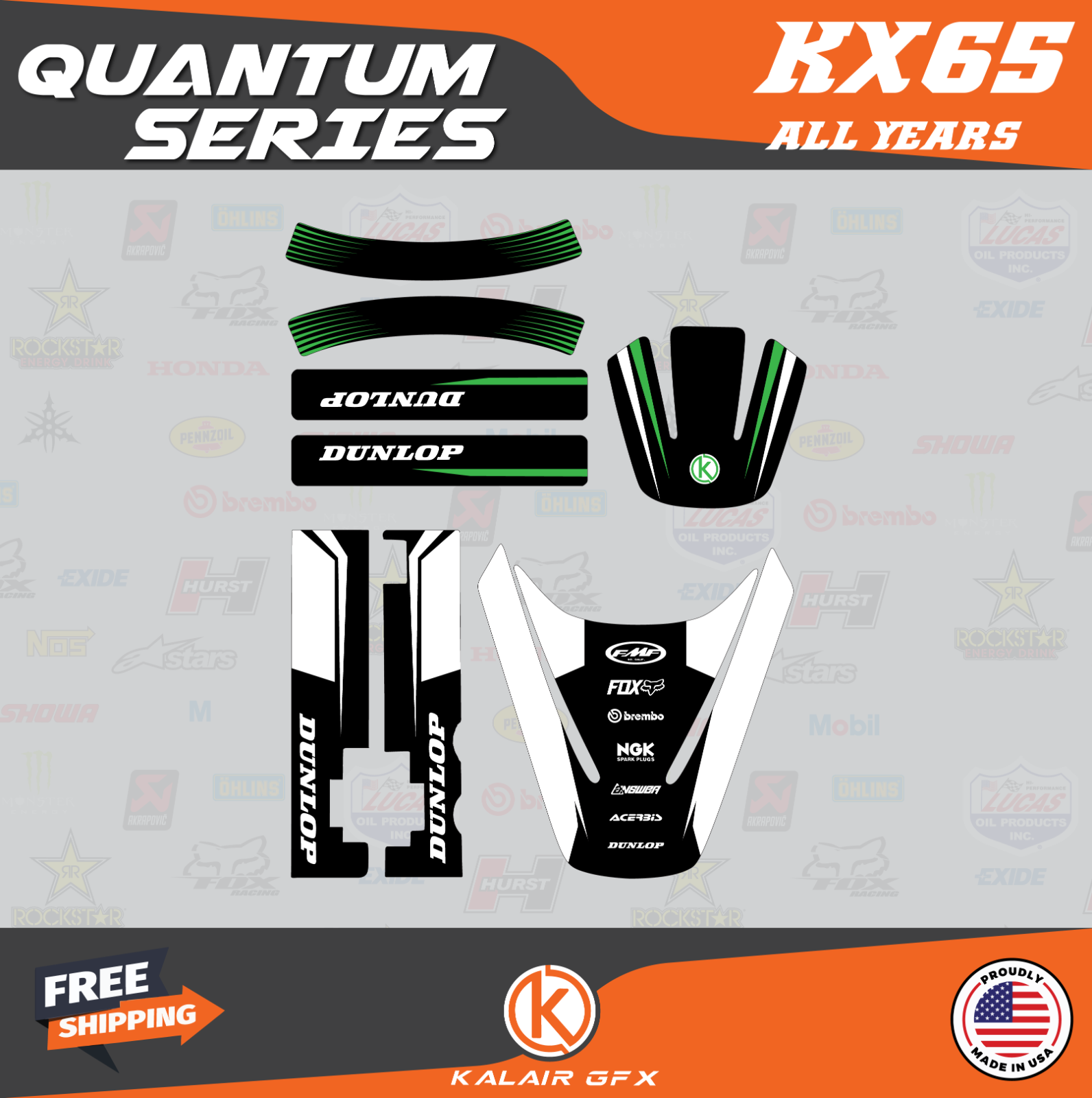 Graphics Kit for Kawasaki KX65 (1999-2023) KX 65 Quantum Series - Green ...