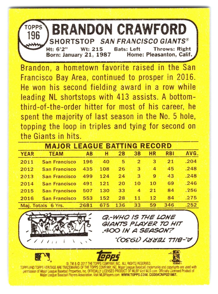 2017 Topps Heritage #196 Brandon Crawford San Francisco Giants | eBay