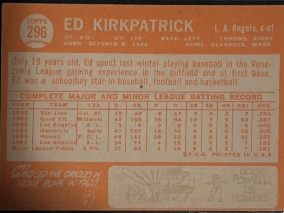 1964 TOPPS ED KIRKPATRICK #296 ANGELS | eBay