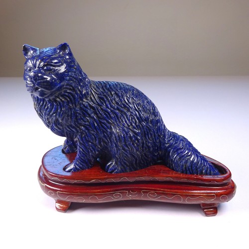 LAPIS LAZULI CAT Hand Carved With Inlaid Wooden Stand-Vintage Asian ...