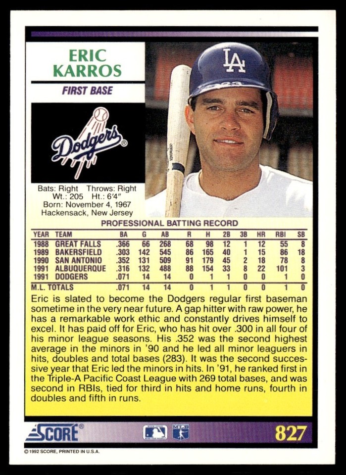 1992 Score Eric Karros Rookie Los Angeles Dodgers #827 | eBay