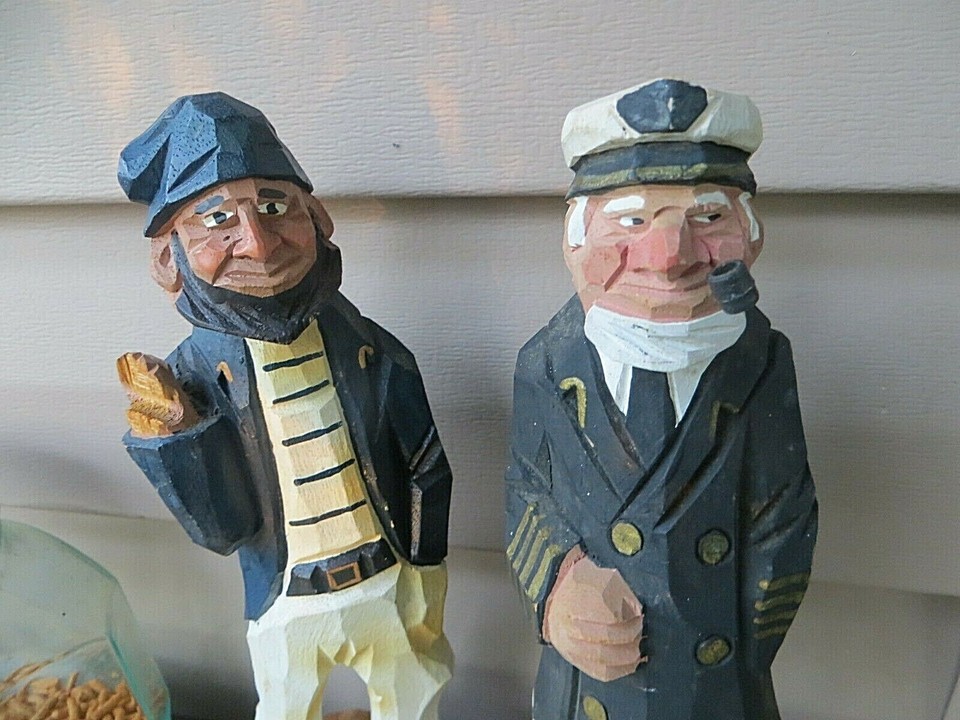 Vintage carved wood Captain and sailor_lot of 2 figures_10 inches high ...