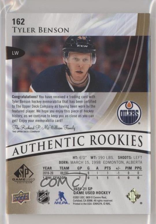 2020 SP Game Used Authentic Rookies Gold /65 Tyler Benson #162 Rookie ...