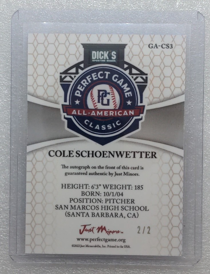 2022 LEAF PERFECT GAME JUST MINORS COLE SCHOENWETTER GOLD 2/2 REFRACTOR ...
