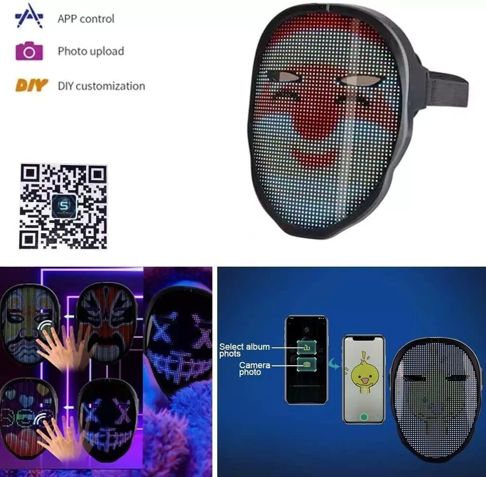 Led mask w/ Bluetooth programmable, Light up mask for masquerade party ...