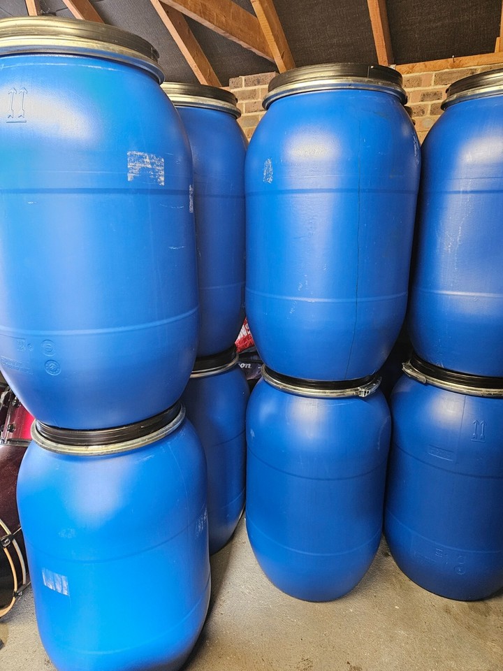 Open Top Blue Plastic Barrel Storage Container 2 X 220 Litre Drums ...