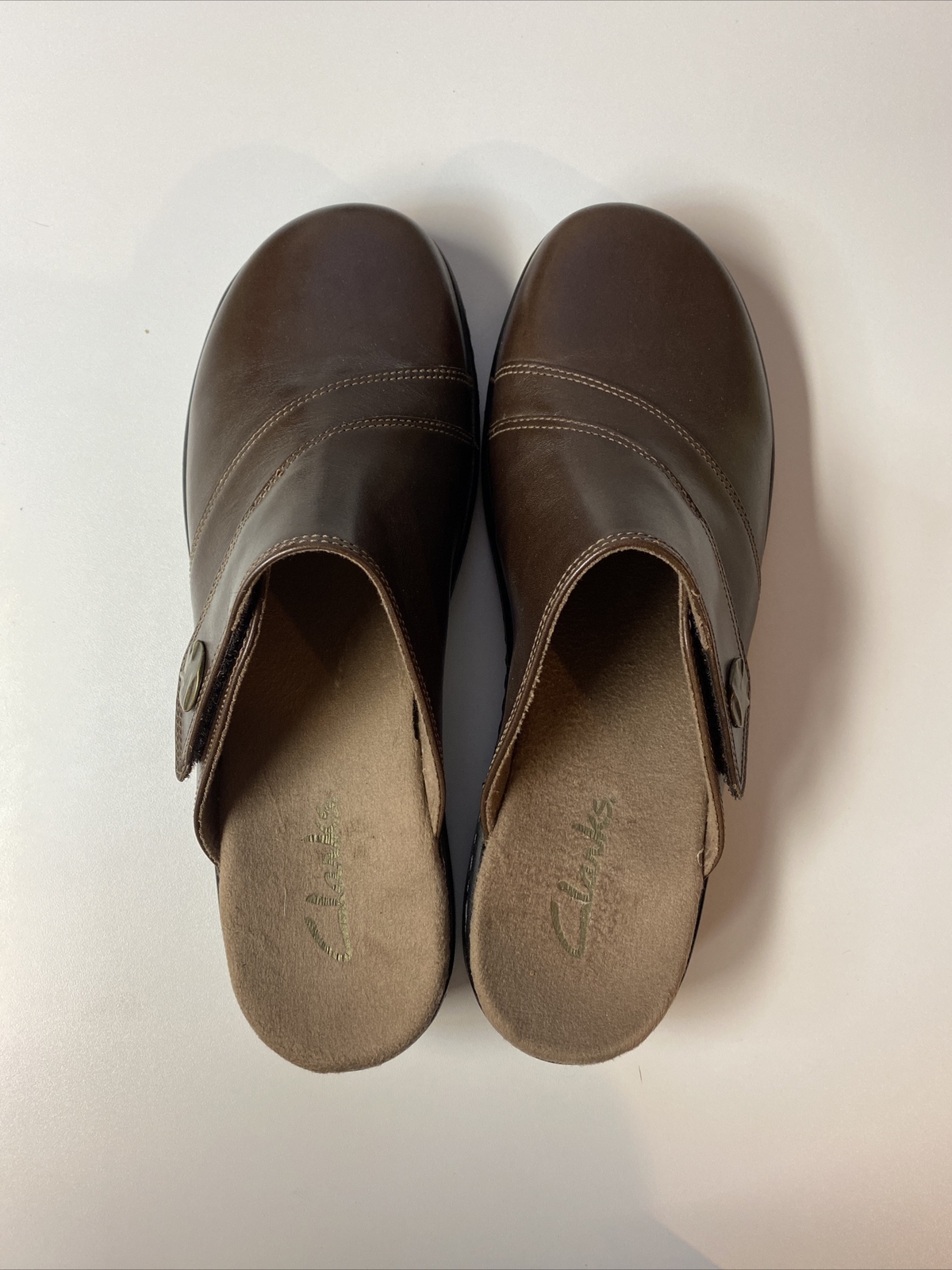 Clarks Brown Leather Clogs Hook Loop Strap 37323 Slide On Womens Size ...