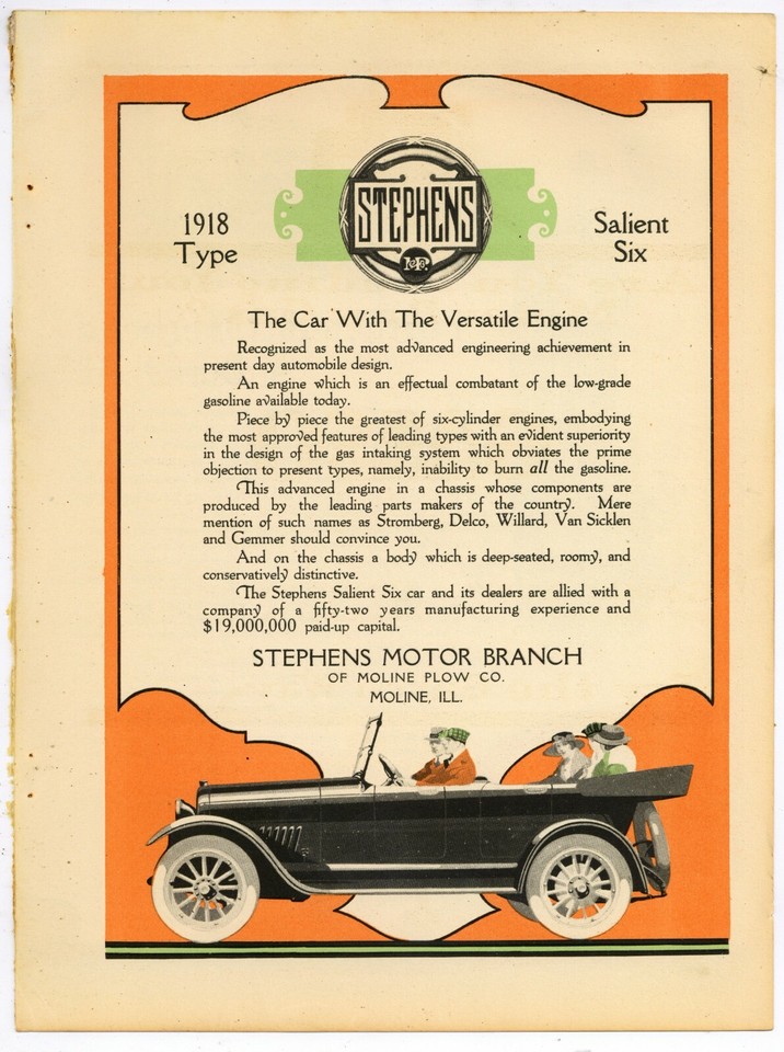 1918 Stephens Motor Car 4 pg. True Centerfold Ad: Salient Six - Moline ...