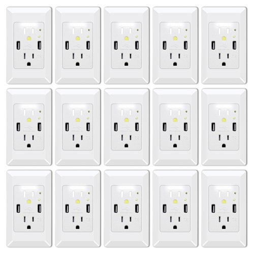 15 Pack Wall Power Outlet with LED Night Light 15Amp TR Duplex ...