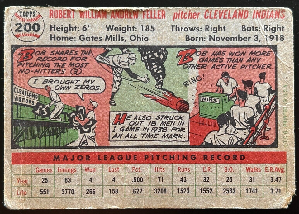 1956 Topps #200 BOB FELLER Cleveland Indians (HOF) MLB baseball card ...