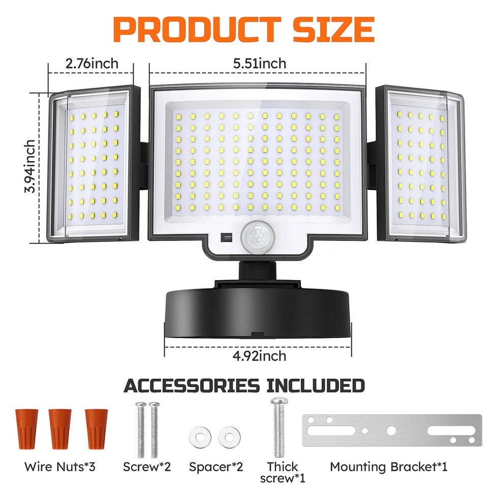 188LED Security Light Motion Sensor Outdoor 3 Head 3 Modes Floodlight ...