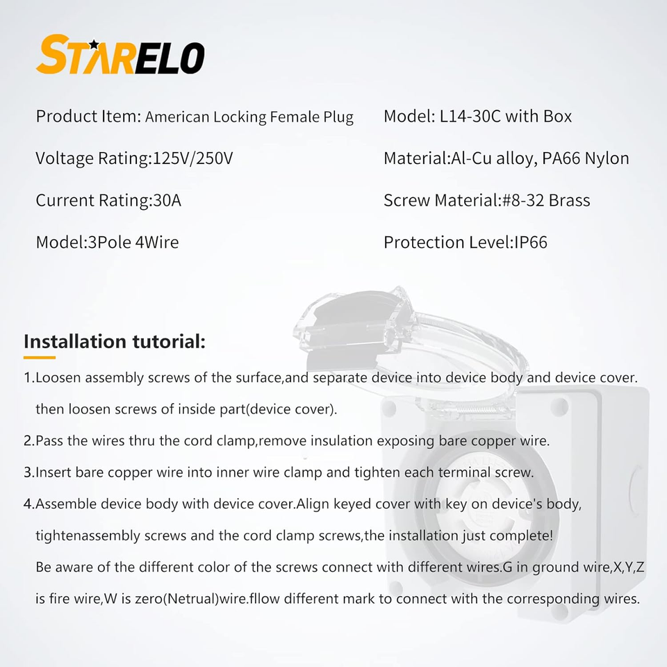 STARELO 30 Amp Locking Female Plug Box NEMA L14-30C Generator Twist ...