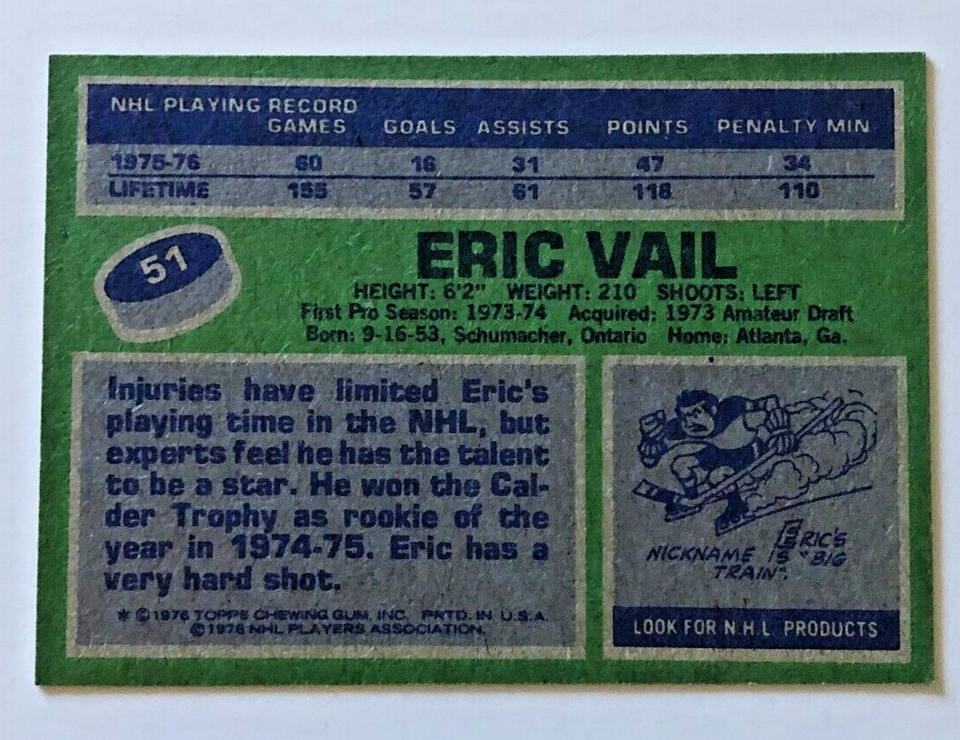 1976-77 Topps Hockey Eric Vail #51 NM | eBay